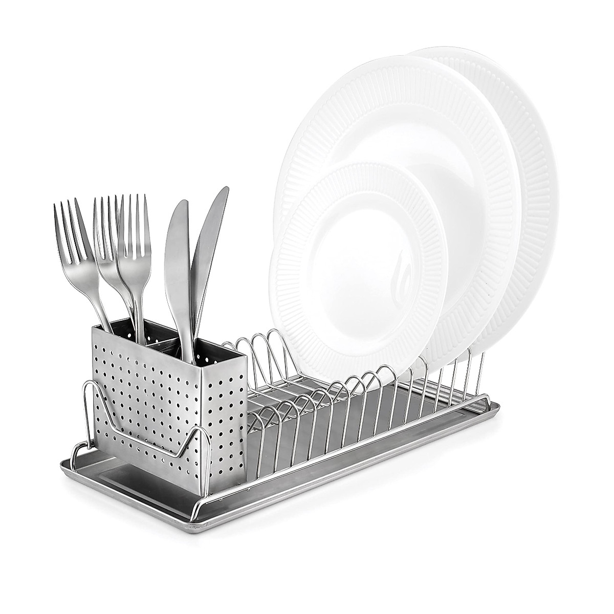 Polder 3-Piece Compact Dish Rack Includes Utensil Holder, Wire Rack and Rimmed Catch Tray - 100% Stainless Stel