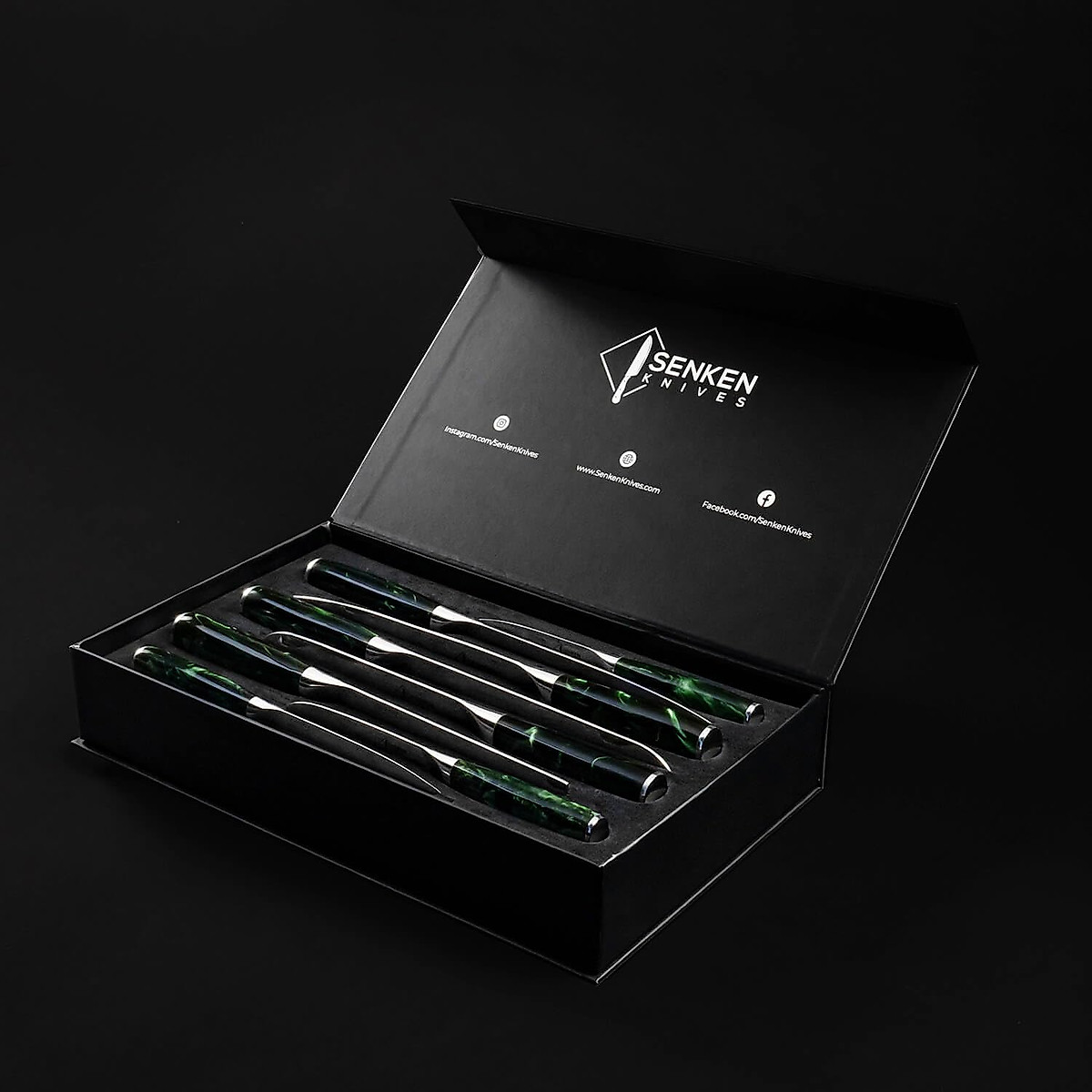 SENKEN Engraved Japanese Kitchen Knife Set with Beautiful Green Resin Wood Handles - Wasabi Collection - Chef's Knife, Bread Knife, Cleaver Knife, Paring Knife, & More (8-Piece Chef Knife Collection)