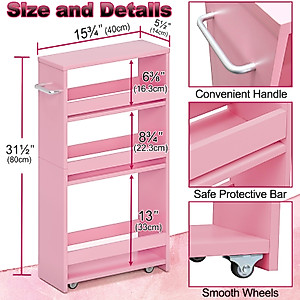 MARTY Pink Slim Storage Cart, 4-Tier Rolling Bookshelf Kitchen Cart with Wheels, Laundry Room Organization with Handle Slide Out Utility Cart Shelving Unit Trolley for Narrow Places