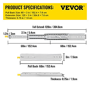 VEVOR Drawer Slides with Lock, 1 Pair 60 inch, Industrial Drawer Slides up to 500 lbs Capacity, 3-Fold Full Extension, Ball Bearing Lock-in & Lock-Out, Side Mount