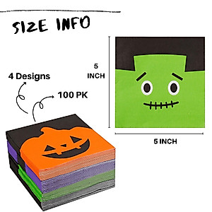 100 PK Halloween Cocktail Napkins - 4 Assorted Designs - 3-Ply Halloween Paper Napkins for Halloween Party Supplies Disposable Party Napkins Ghost Paper Beverage Napkins Bulk Kids Birthday