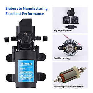 Aimela 12V DC Fresh Water Pump with 2 Hose Clamps,Self Priming Sprayer Pump with Pressure Switch,12 Volt High Pressure Pump Diaphragms,4.5 L/Min 1.2 GPM 85 PSI Adjustable for Spray,Marine,Lawn