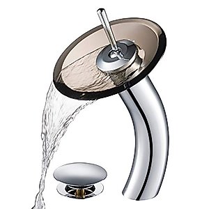 Single Lever Vessel Glass Waterfall Bathroom Faucet Chrome with Brown Clear Glass Disk and Matching Pop Up Drain