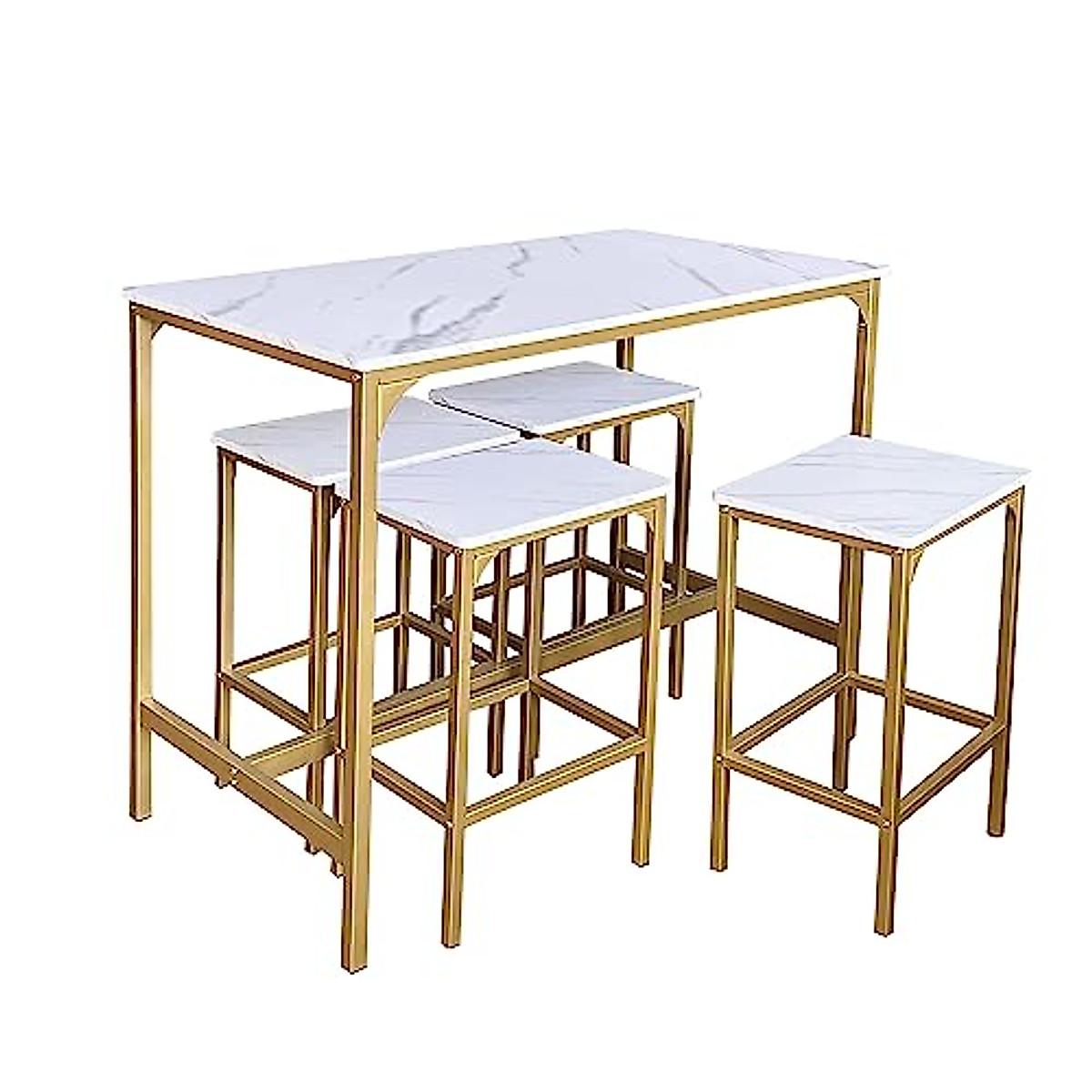 AT-VALY 5-Piece Bar Table Set with 4 Stools,Dining Room Table Set,Small Spaces (Gold & White)