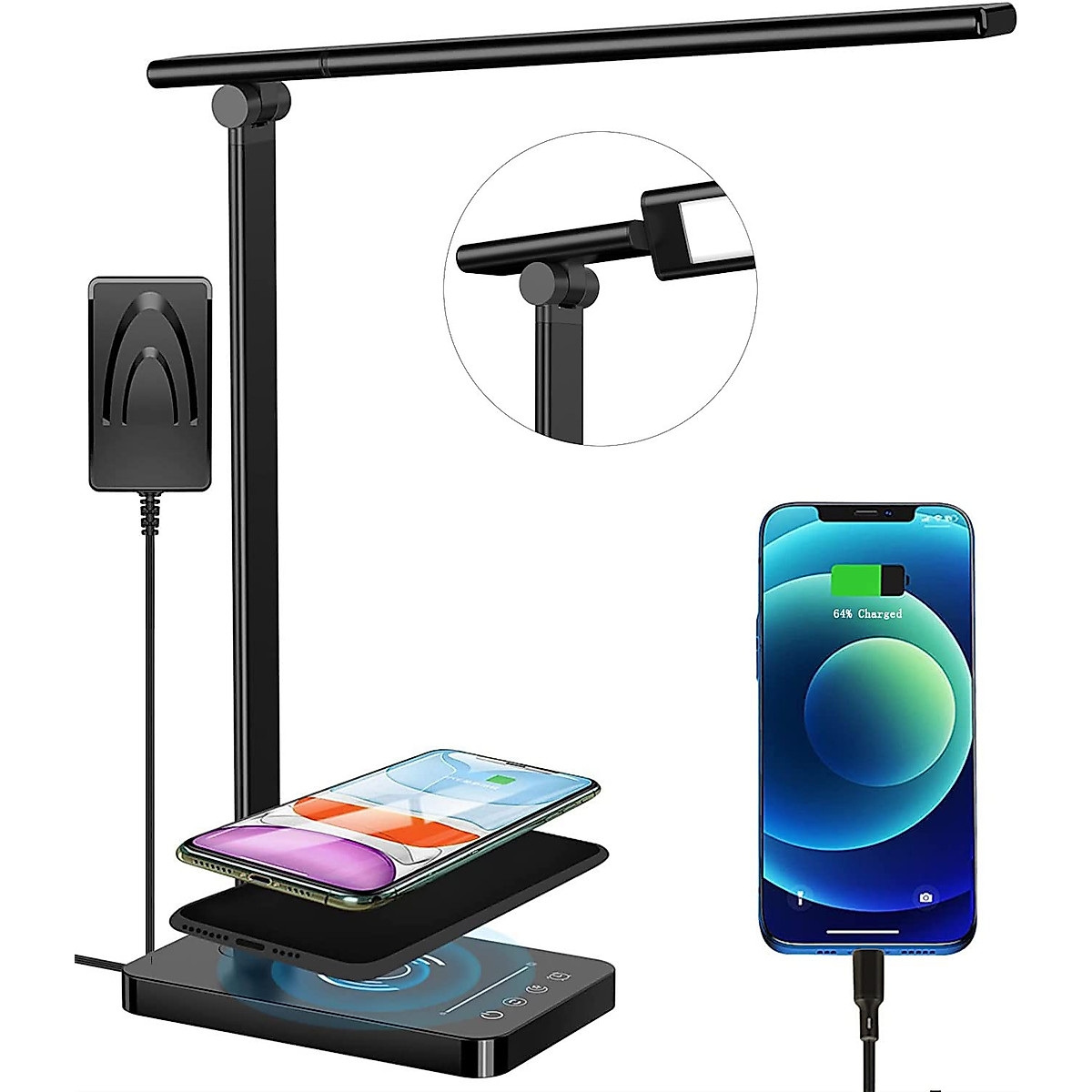 AGEARSUK LED Desk lamp, Desk Lamp with USB Charging Port for Home Office, Dimmable Desk Lamp with Wireless Charger, Eye-Caring Reading Lamps, Touch Control Study Lamps for Dorm (Adapter Included)