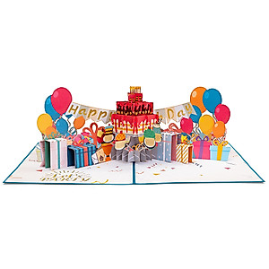 Paper Love Happy Birthday Party, Pop Up Birthday Card, Handmade 3D Popup Bday Greeting Cards, For Him Her Boy Girl Kids Adults, 5" x 7"