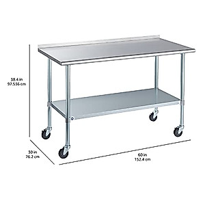 Stainless Steel Table for Prep & Work with Caster & Backsplash 30x60 Inches, NSF Metal Commercial Kitchen Heavy Duty Table with Adjustable Under Shelf and Table Foot for Restaurant, Home and Hotel