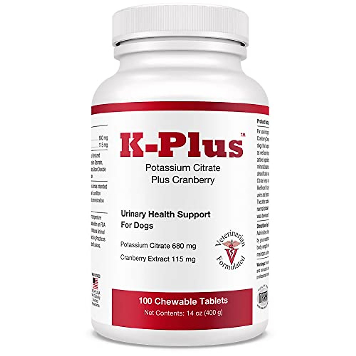 K-Plus Potassium Citrate Plus Cranberry Supplement for Dogs - UTI Remedy Chewable Tablets - Supports Bladder Health - For Every Dog Breed (100 Tabs)