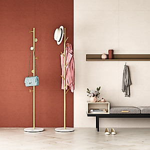 TIEOU Free-standing Coat Rack Gold, Hat Hanger Hall Tree, Metal Coat Hangers for Scarves, Backpacks, Umbrellas, Purses, Simple Coat Stand, Stylish Coat Tree with Stable Round Marble Base, 8 Coat Hooks