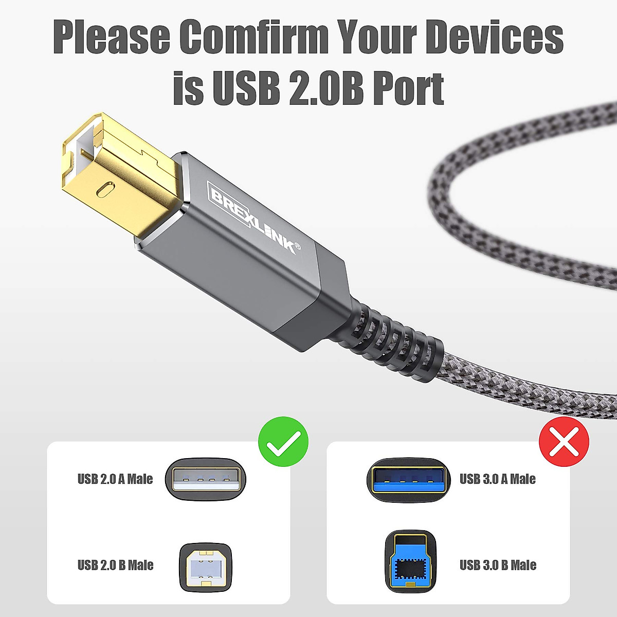 BrexLink USB 2.0 Printer Cable10ft, A-Male to B-Male Printer Cord, Durable Nylon Braided High Speed Scanner Fax Cord Compatible with HP, Canon, Dell, Epson, Lexmark, Xerox, Samsung (Grey)