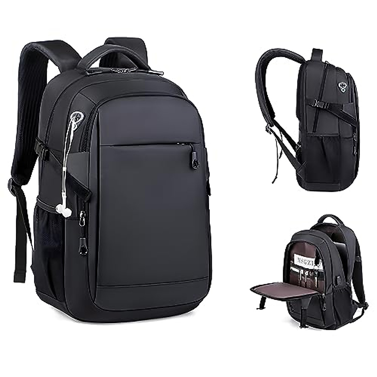 Laptop Backpack for Business Travel and College Study with Integrated USB Charging Port, Fits Laptops up to 15.6 Inch, Black, Anti-Theft, Great for Hiking, Waterproof, Scratch Resistant, Reinforced