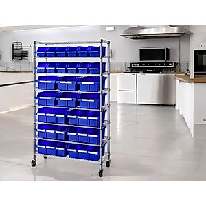 Heavy Duty Commercial Steel Wire Bin Storage Rack, Mobile, 24 Bins (Blue, 1 Pack)