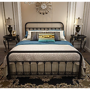 YALAXON Vintage Sturdy Queen Size Metal Bed Frame with Headboard and Footboard Basic Bed Frame No Box Spring Needed, Black