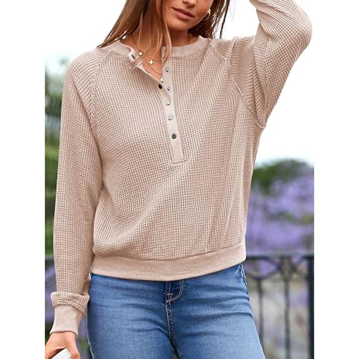 PRETTYGARDEN Womens 2023 Batwing Long Sleeve v Neck Sweater Drop Shoulder Button Waffle Knit Pullover Winter Slouchy Henley Tops (Beige, Medium)