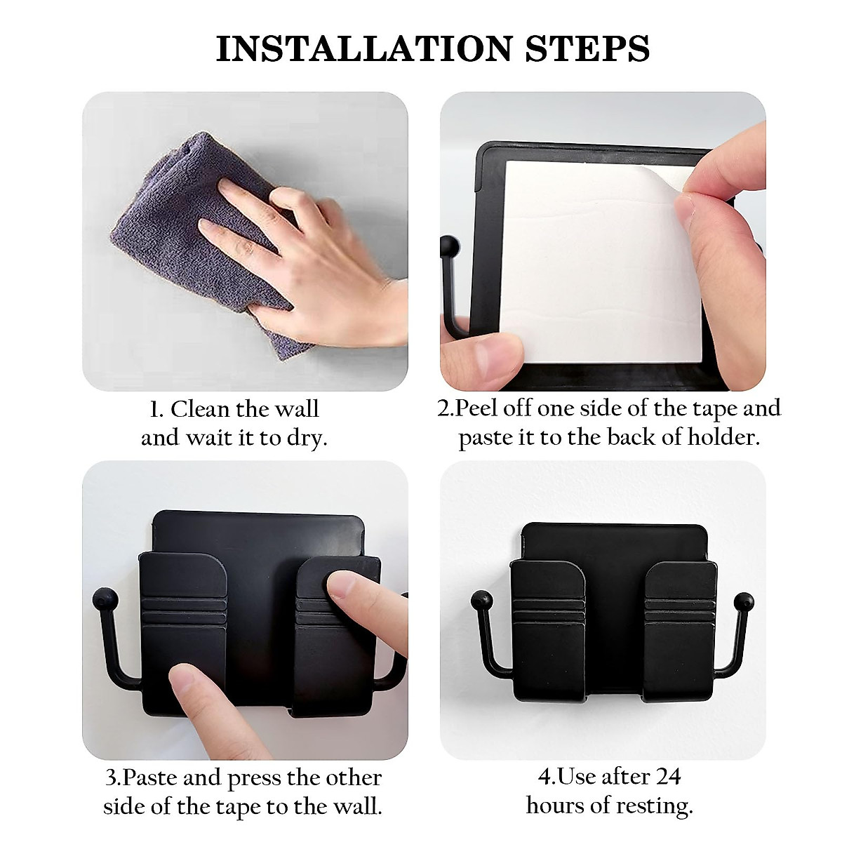 BlingKingdom Self-Adhesive Wall Mount Phone Holder with Hooks Phone Stand Charging Holder for Smartphones Cellphone Bracket Phone Holder for Wall Home Office RV for iPhone and Android (Black)