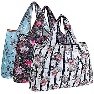 allydrew Large Foldable Tote Nylon Reusable Grocery Bags, 3 Pack, Vintage Flowers