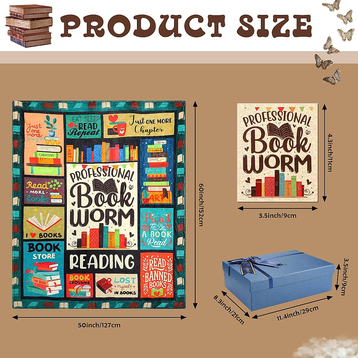 HunnmingRe 3 Pcs Book Lovers Gifts Set, Bookish Gifts for Librarian Readers, Includes 60"x 50" Throw Blankets Greeting Card Box, Book Club Gifts for Women Bookworm on Birthday Christmas