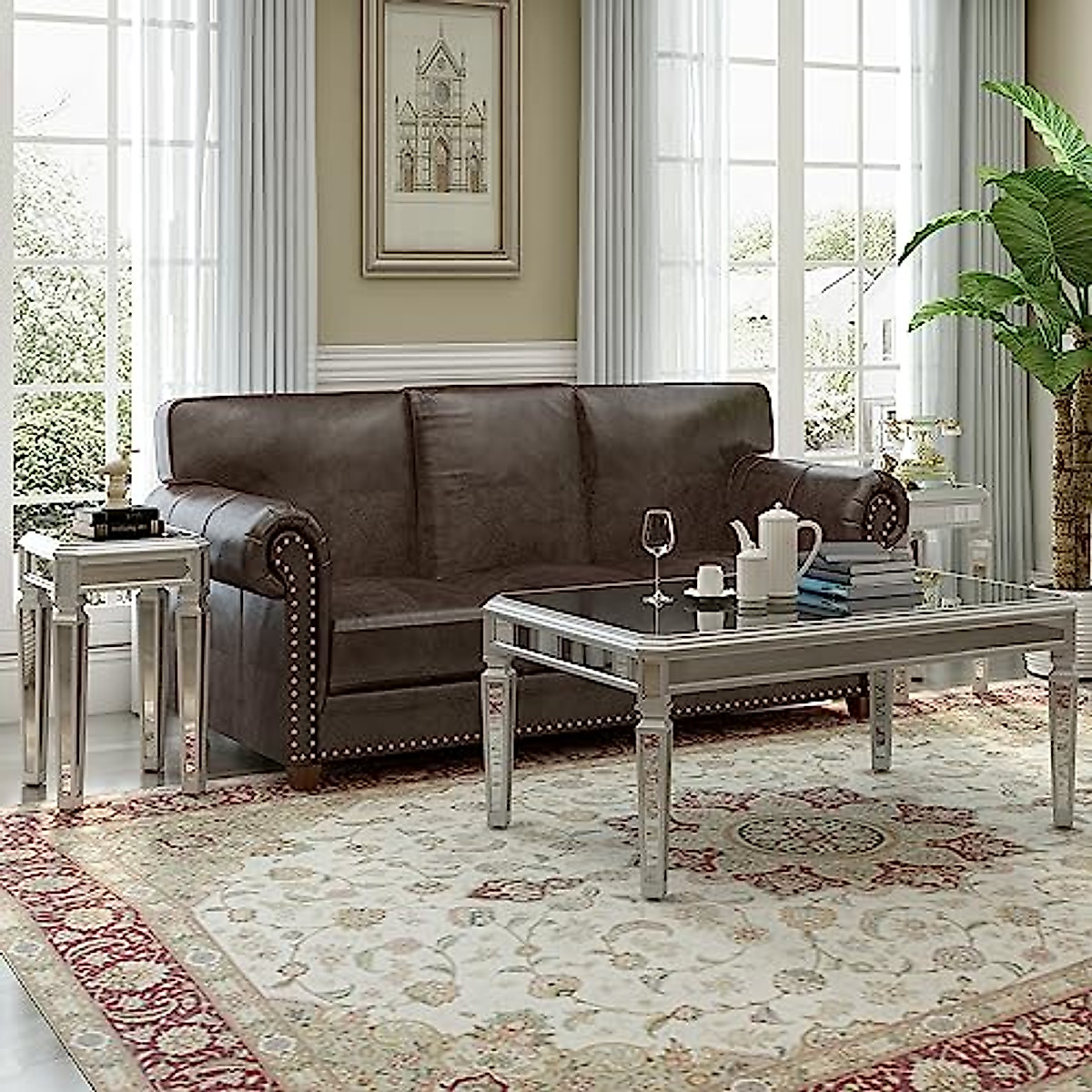 Harper & Bright Designs 3 Piece Coffee Table Set for Living Room Sofa Table Set Glass Mirrored Coffee Table Set of 3 with Adjustable Height Legs, Moderate Luxury Center Table for Living Room, Silver