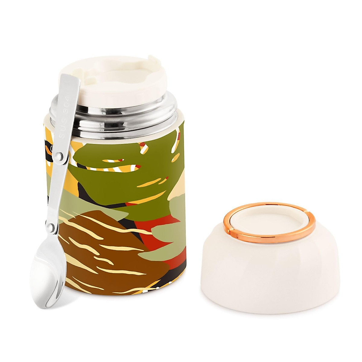 CUPADA Tropical Leaves Food Jar for Hot and Cold, Leopard Skin Insulated Food Jars Vacuum 17OZ with Folding Spoon for Work Trip Picnic Camping