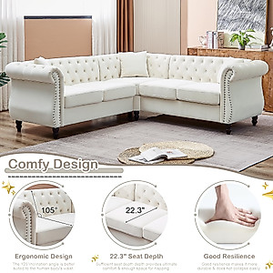 ATUMON 83.5" Oversized L-Shaped Corner Velvet Couch,Heavy Duty Solid Wood Frame and Sturdy Wood Legs,5-Seater Corner Sofas with 3 Pillows for Living Room, Bedroom, Apartment, Office (83.5" Beige)