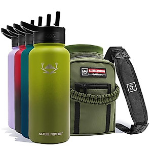 NATURE PIONEOR Insulated Water Bottles with Straw - 32oz Stainless Steel Vacuum Bottle with Holder/Carrier/Sleeve - Reusable 18/8 Food Grade Thermos Water Jug