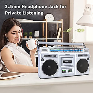 Retro Boombox Cassette Player AM/FM Shortwave Radio, Portable Cassette Tape Player Recorder, Wireless Streaming, USB/Micro SD Slots Guitar/Aux in, Convert Cassettes to USB Classic 80s Style (Silver-S)