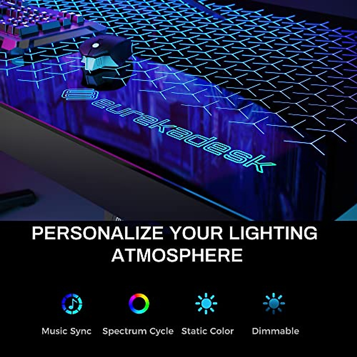 EUREKA ERGONOMIC RGB LED Gaming Desk, Music Sync Lights Up Tempered Glass Desktop, 55" GTG I55 Computer Table W Controller Rack 4 USB Charging Ports School Student Gift for Home Office, APP Control