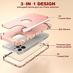 IDweel iPhone 12 Pro Max Case with Tempered Glass Screen Protector, Hybrid 3 in 1 Shockproof Slim Heavy Duty Protection Hard PC Cover Soft Silicone Rugged Bumper Full Body Case for Women, Rose Gold