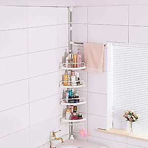 Hershii 4 Tiers Corner Shower Caddy Tension Pole Bathtub Shelf Organizer Adjustable Bathroom Storage Rack Space Saving with Towel Bar - Ivory