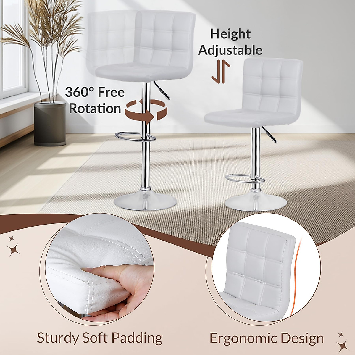 ZENY X-Large Bar Stools - Counter Chairs Adjustable Counter Height Swivel Barstools Set of 4, Square PU Leather Kitchen Counter Height Bar Stools, Kitchen Island Chairs,White