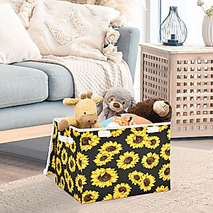 senya Large Collapsible Storage Bins with Lids, Sunflower Black Storage Baskets Organizer Containers with Handles for Nursery Clothes Toys