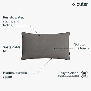 Outer Outdoor Throw Pillow with OuterWeave Performance Fabric, Decorative Outdoor Pillow for Patio & Outdoor Furniture, Includes Machine Washable Pillow Cover and Insert - Dark Pebble Gray, 12"x20"