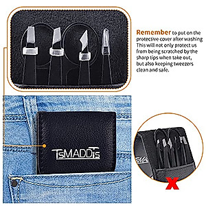Tweezers Set and Curved Scissors, TsMADDTs Professional Stainless Steel Tweezers for Women and Men, 6 Pack Precision Tweezers For Eyebrows for Ingrown Hair, Daily Beauty Tool with Leather Travel Case