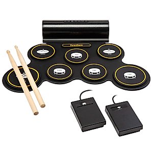 Ivation Portable Electronic Drum Pad - Digital Roll-Up Touch Sensitive Drum Practice Kit - 7 Labeled Pads 2 Foot Pedals Kids Children Beginners (with Speaker and Built in Rechargeable Battery)