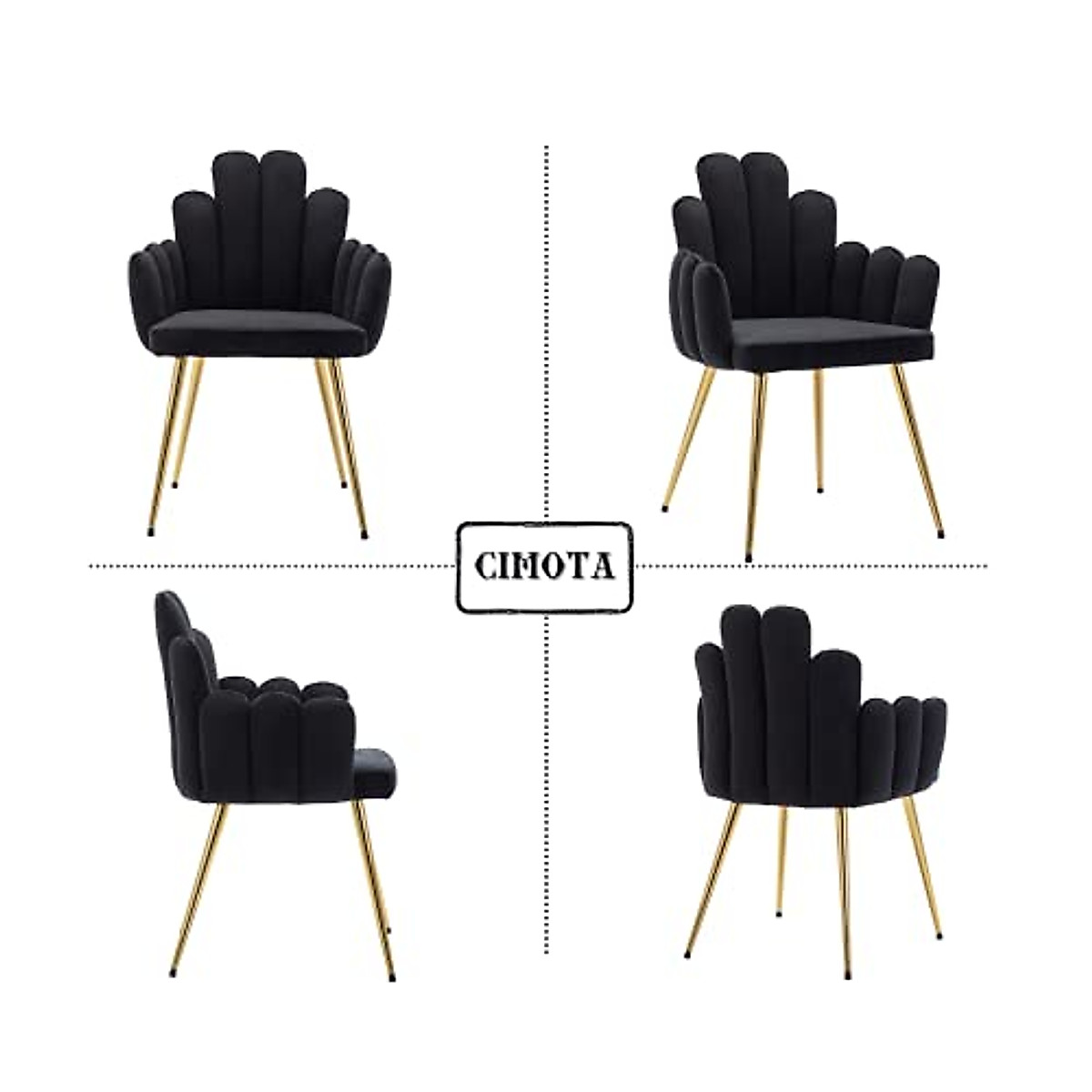 CIMOTA Black Dining Chairs Set of 2 Velvet Upholstered Comfy Living Room Chairs Modern Finger Shape Back Vanity Chair with Arms for Makeup Room/Bedroom, 2PCS