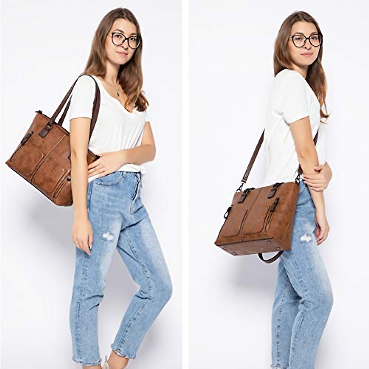 LOVEVOOK Large Shoulder Bag Purses for Women PU Leather Purse Work Bags with Multi-Pockets Vintage Tote Handbags Satchel Hobo Bag, Brown
