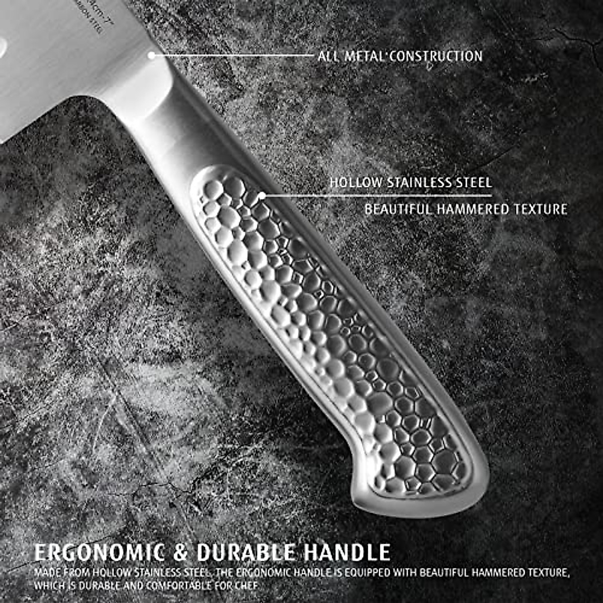 hecef 7 inch Santoku knife High Carbon Stainless Steel Japanese Chef Knife with Hammered Hollow Handle, Ultra Sharp Asian Chopping Kitchen Knife for Meat & Fish & Vegetable & Fruit