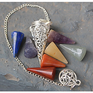 Jet International Jet Chakra Cage Pendulum 2" Free Booklet Crystal Therapy Interchangeable Chakra Cone Silver w/Pouch Divination Wicca Yes/No Pagan (Pentacle Star)
