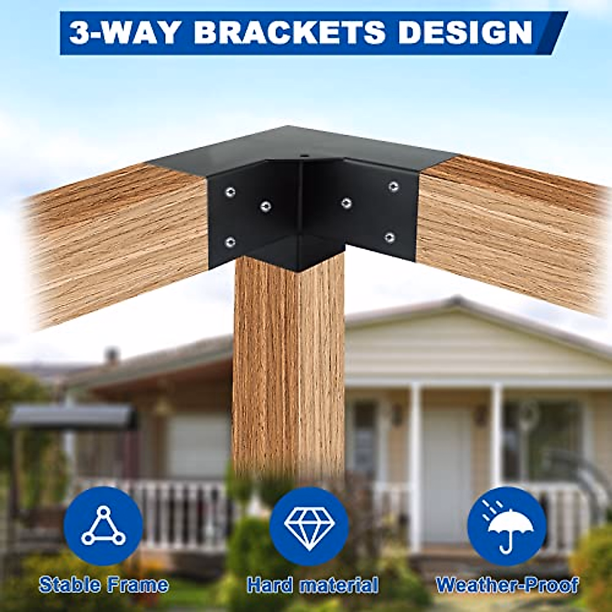 Pergola Gazebo Brackets Kit Nopwer - 3-Way Right Angle Corner Bracket for 4x4 Inch Wood Beams