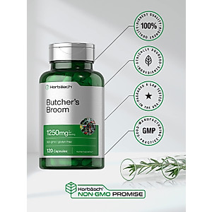 Horbaach Butchers Broom Capsules 1250mg | 120 Count | Non-GMO, Gluten Free | Traditional Herb Root Extract Supplement