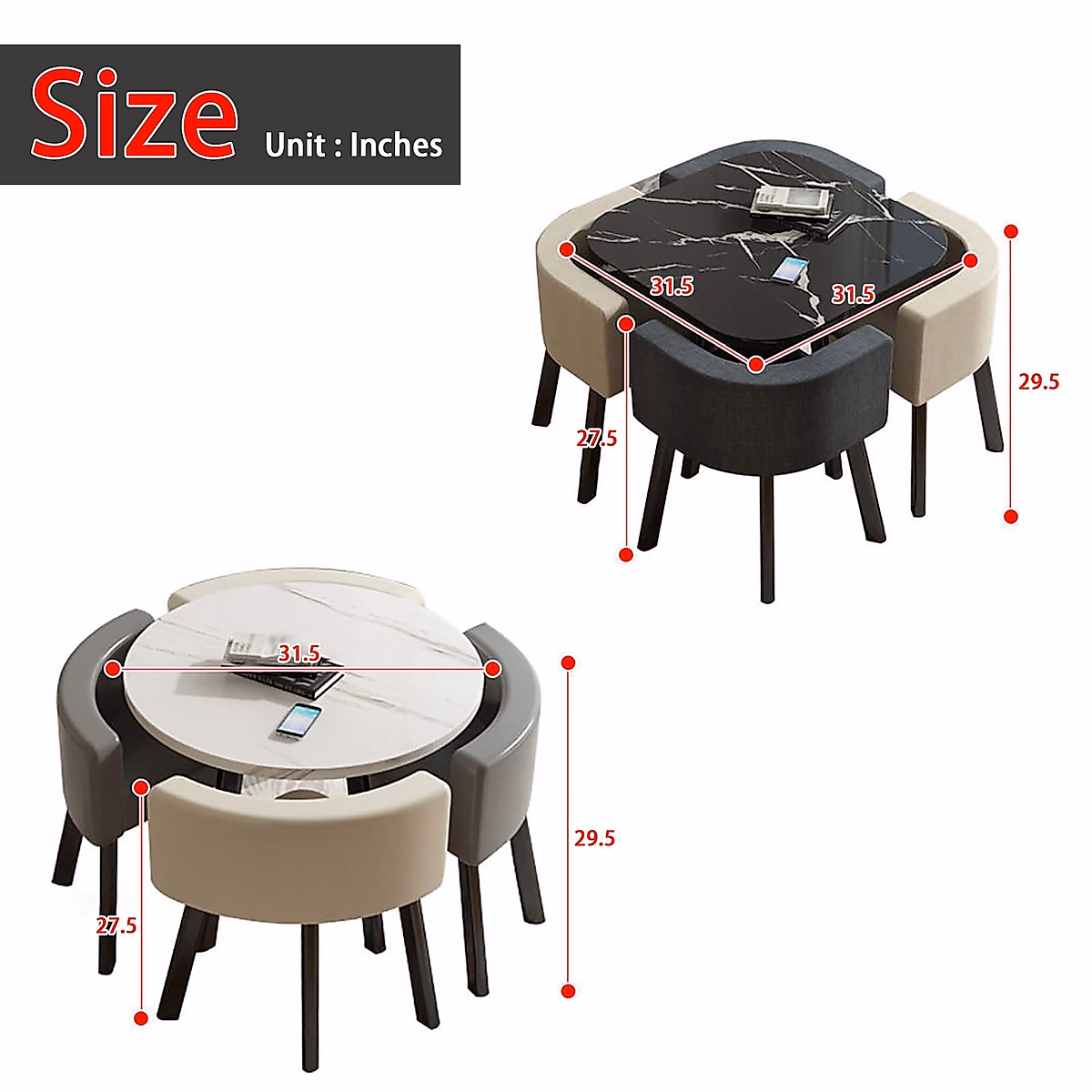 Dining Table Set Table Imitation Marble Top Dining Room Table Set for Small Spaces, Kitchen Table and Chairs for 4, Dining Set w/ 4 Chairs, Padded Seats & Backrests, Wooden Frame ( Color : Gray round