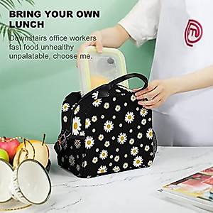 VIGKOIR Daisy Lunch Bag Durable Black Gift Lunch Box Large Cooler Container for Women Office Work Travel Picnic