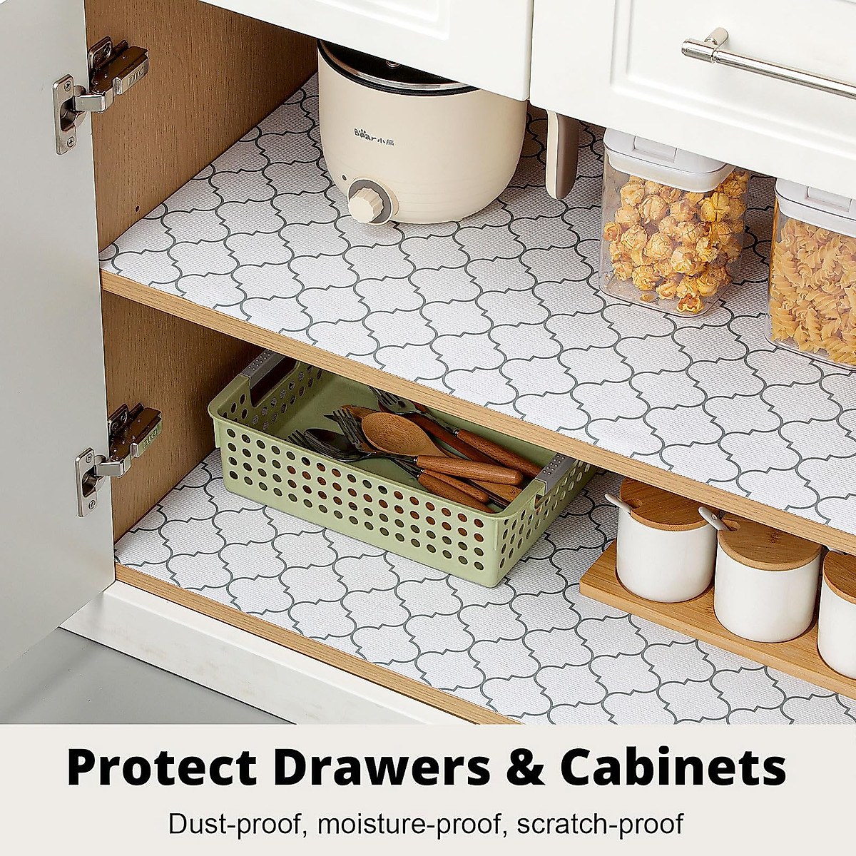 Drawer & Shelf Liner for Kitchen Cabinets, Non-Slip Non-Adhesive Shelf Paper Protect Dresser and Cupboard, Waterproof Drawer Mats for Bathroom, Easy Install