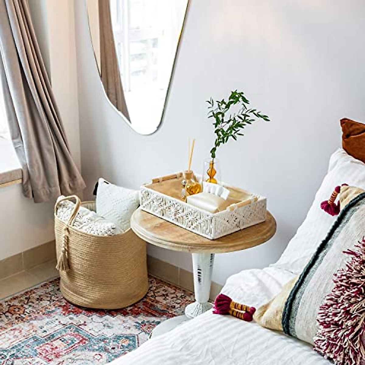 Mkono Macrame 2 pack Macrame Storage Baskets and Decorative Tray Boho Home Decor Basket for Bedroom Nursery Livingroom Dorm