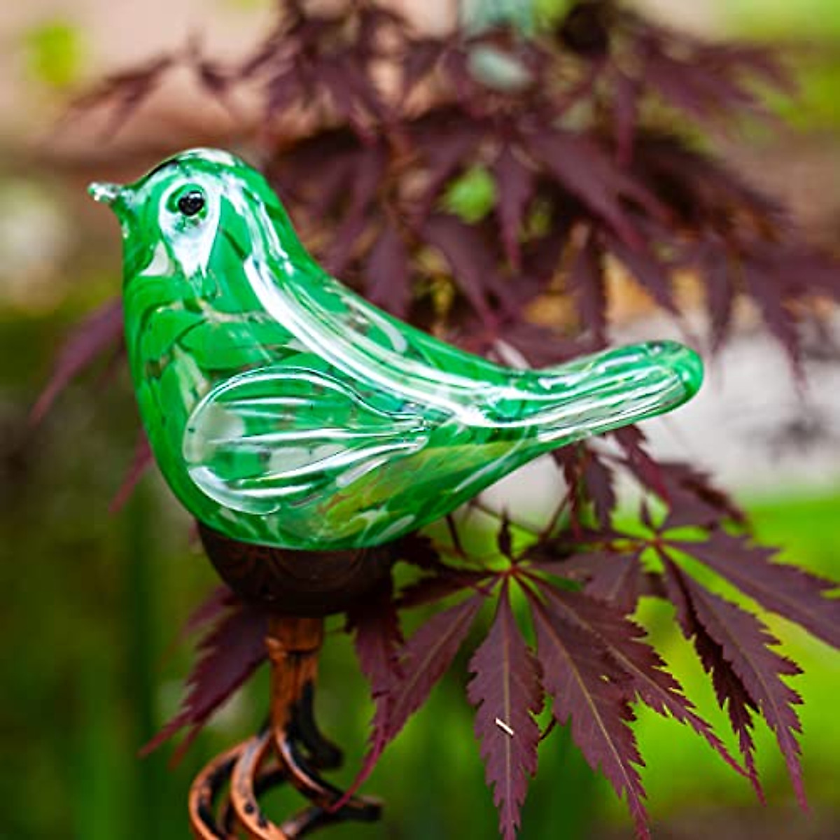 Exhart Garden Solar Lights, Decorative LED Bird Garden Stake, Hand Blown Glass and Metal Outdoor Decoration, Green, 5.5 x 31 Inch