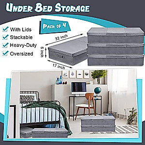 4 Pack Under Bed Storage Bins with Lids Large Underbed Storage Containers with 3 Handles Long Flat Stackable Underbed Storage Containers for Organizing Clothes, Shoes, Toys, Blanket, Garage Boxes