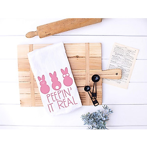 Handmade Happy Easter Kitchen Towels - 100% Cotton Pink Peepin It Real Cute Easter Dish Towel for Kitchen or Bathroom - 28x28 Inch Cute Housewarming Spring Cooking Party (Peepin It Real)