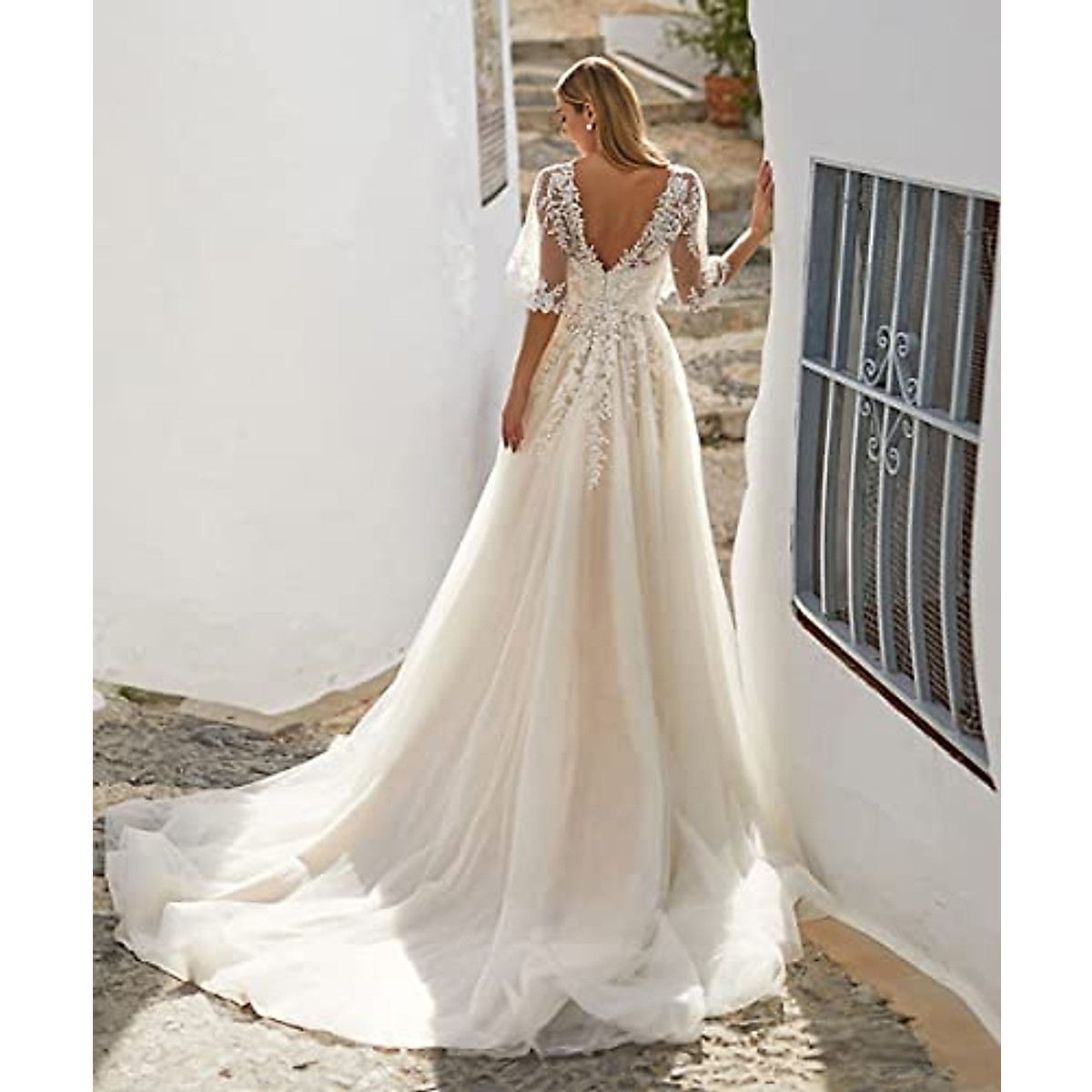 YMSHA Ball Gown Wedding Dresses Ivory Long Spaghetti Straps Sleeveless Lace Appliques Bohemian Bridal Gowns for Wedding Party 10