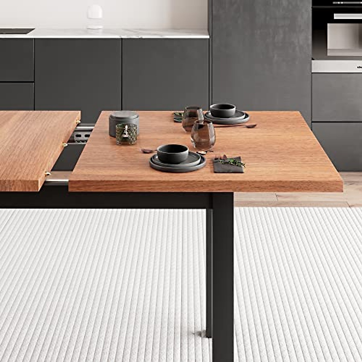 Feonase 3-Piece 63" XL Large Dining Room Table Set for 4-8 People, Extendable Kitchen Table Set with 2 Benches, Metal Frame and Solid MDF Wood Board, Easy Assembly, Walnut