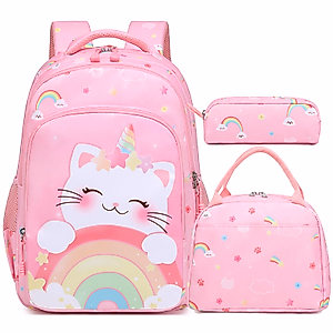 Girls Backpack with Lunch Bag Set, 3PCS Pink Unicorn Cat School Backpack with Pencil Case Large Capacity School Bookbags with Chest Strap for Preschool Kindergarten Elementary Girls